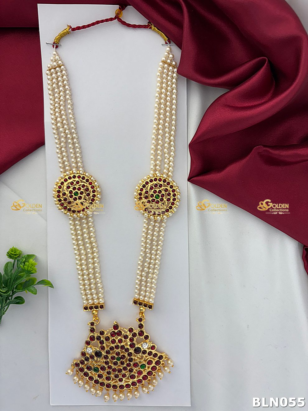 Bharatanatyam Pearl Long Haram – Round Kemp Temple Pendant – Golden ...