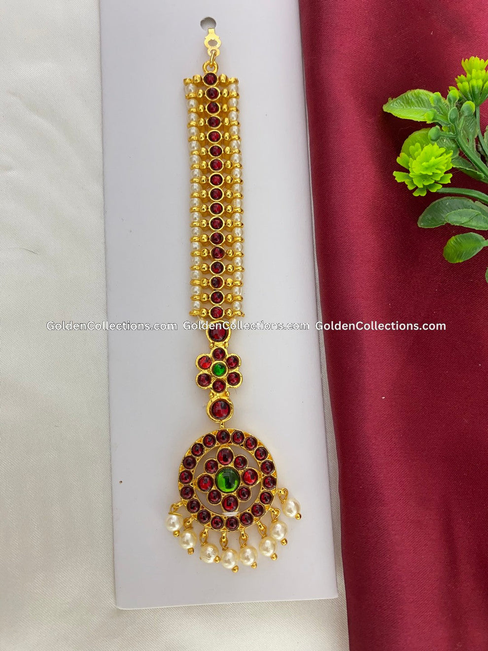 Red Green Kempu Maang Tikka - Kemp Nethi Chutti Set BMT-019 – Golden Collections